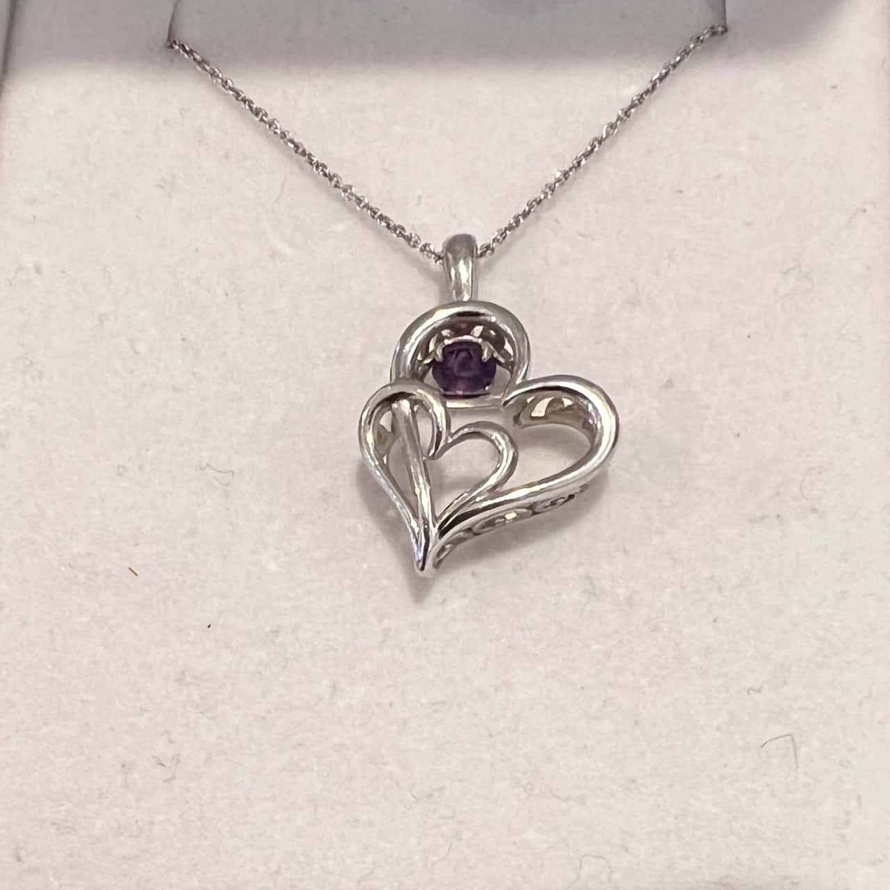 925 SILVER Heart Pendant + Chain With Purple Stone
