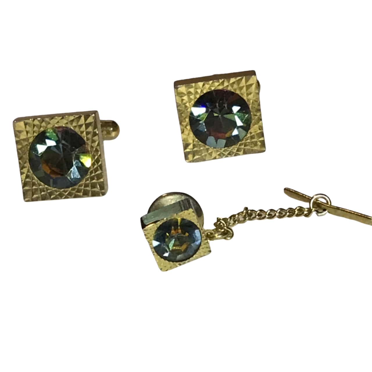 Vintage Mens Cufflinks / Tie Pin Gold Colourful Light Catching Jewels
