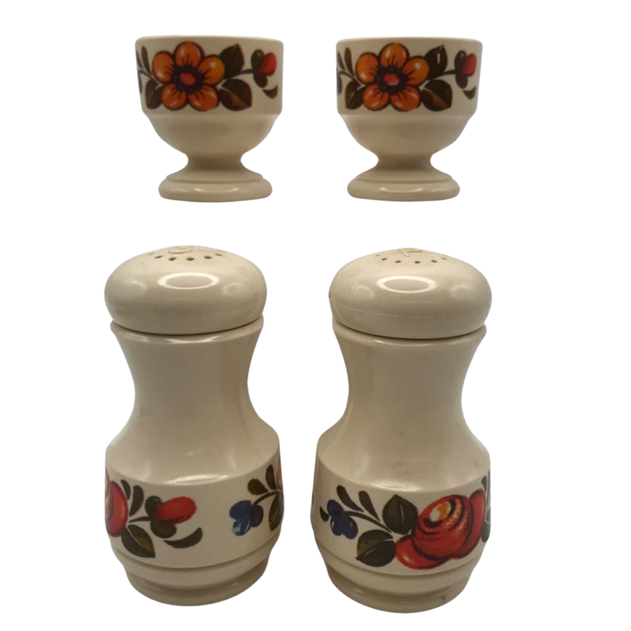Cute Retro Salt & Pepper Plus 2 egg Cups Plastic with Floral Motifs (s)