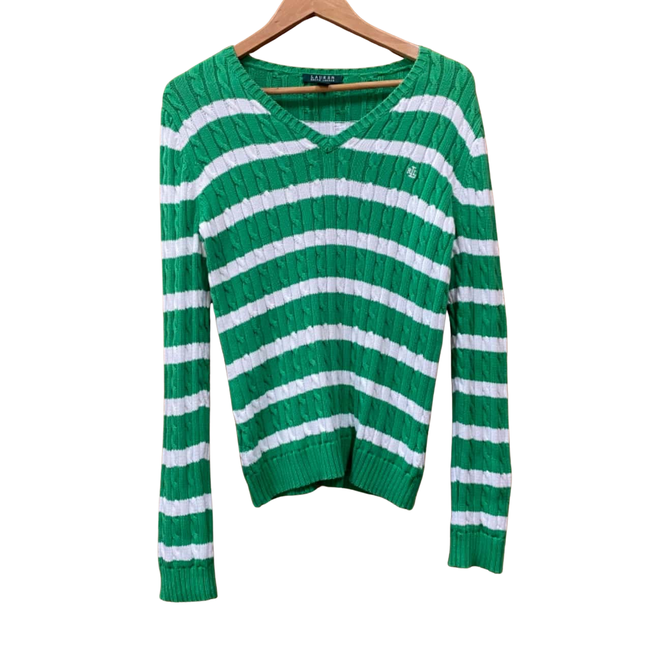 Ralph Lauren Green/White Striped V-Neck Pullover Size M(s)