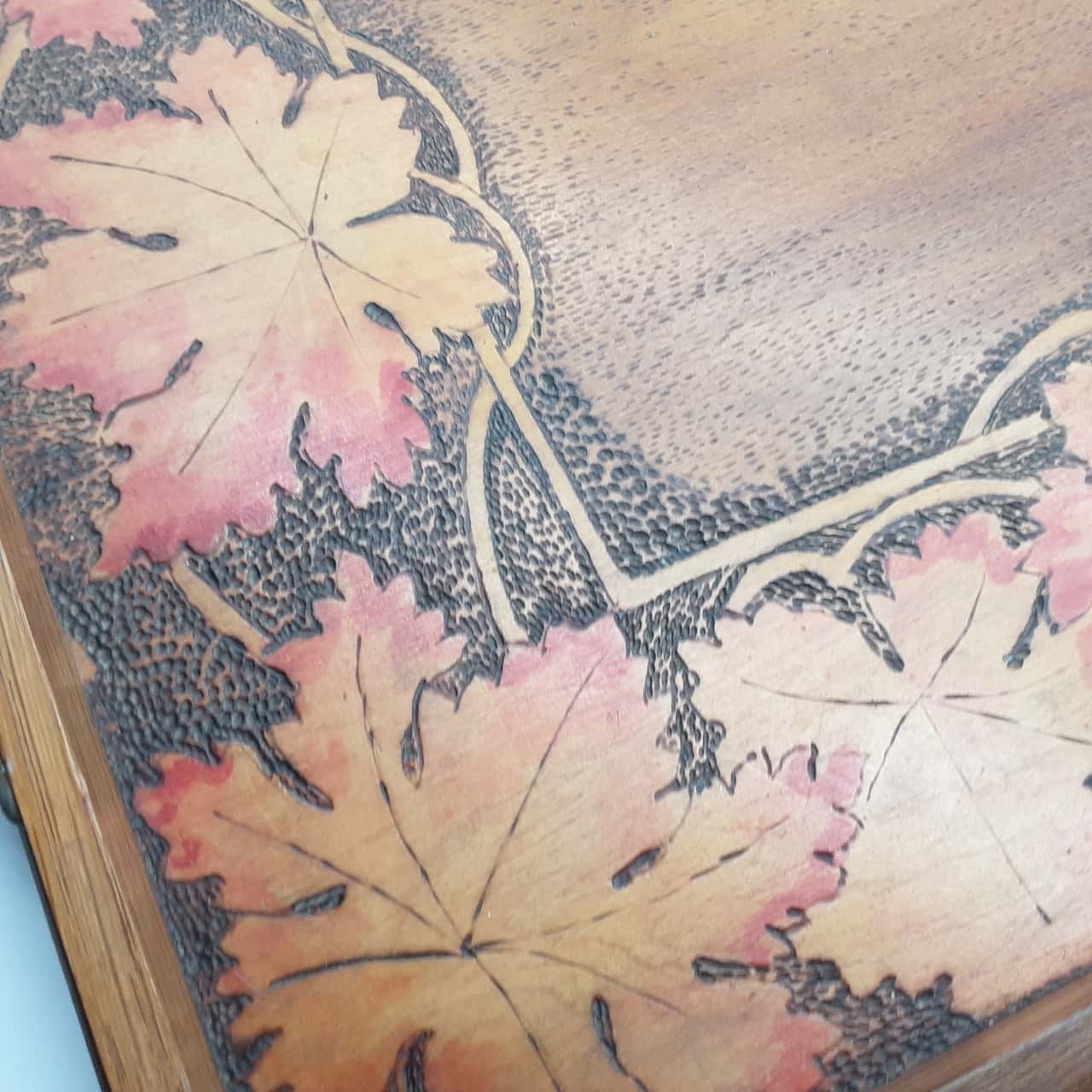 Antique Vintage Wooden Pokerwork Tray with Maple Leaf Pattern(s)