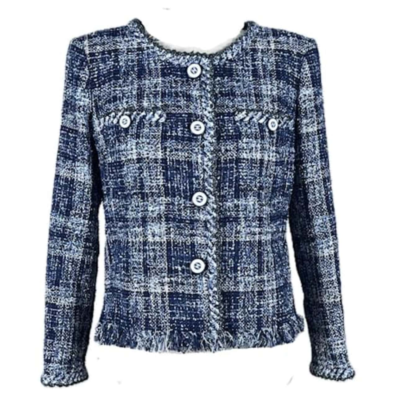 C hanel CC Buttons Timeless Tweed Fringed Jacket Size 38 Button Up Blue / White (s)