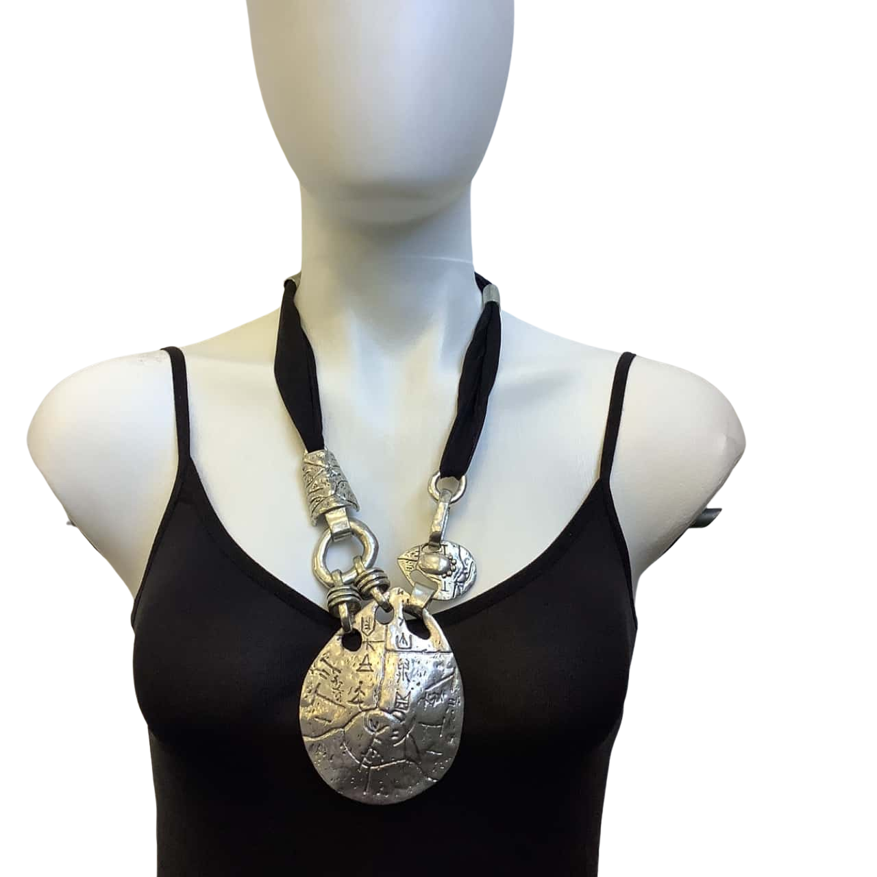 Womens Heavy Necklace with Silvertone Pendant and Fabric Strap(s)