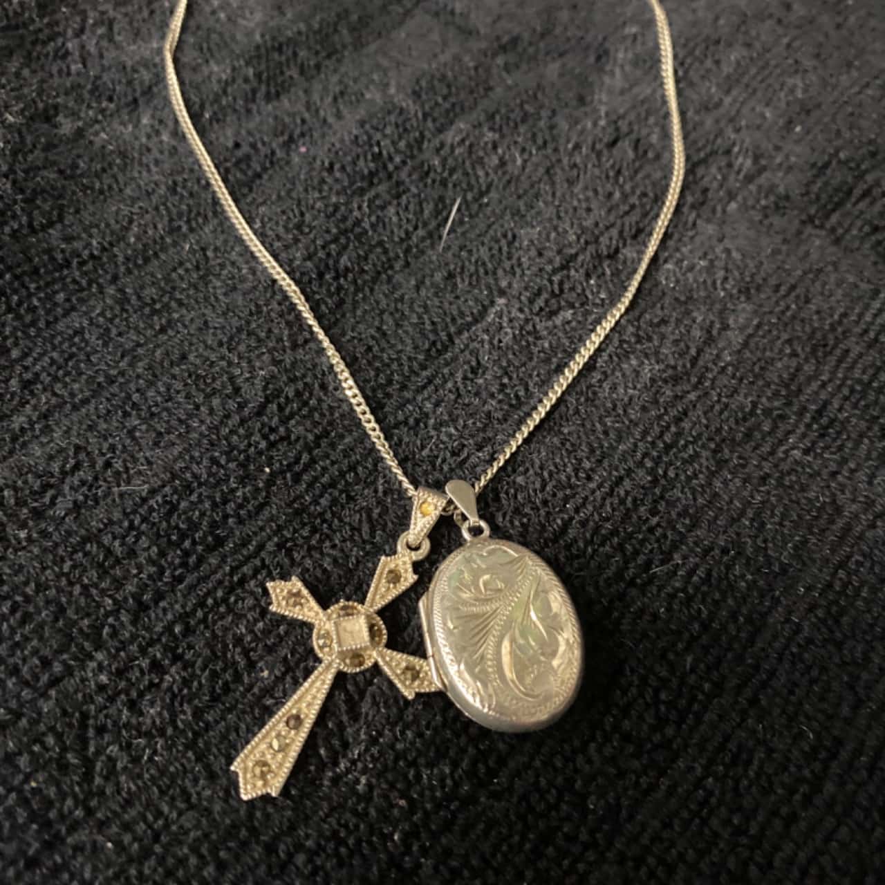 Sterling silver 85cm long chain cross and locket (s)