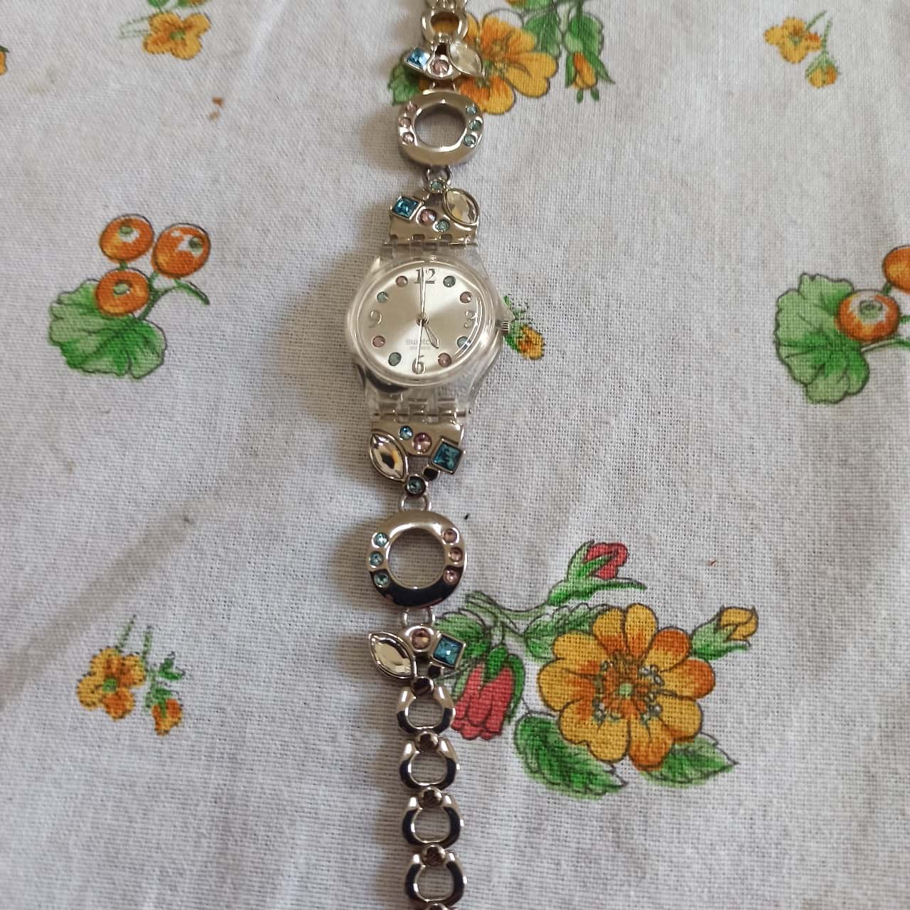 Swatch Womens watch with Blue & Pink Bling & Silver Band Needs New ...