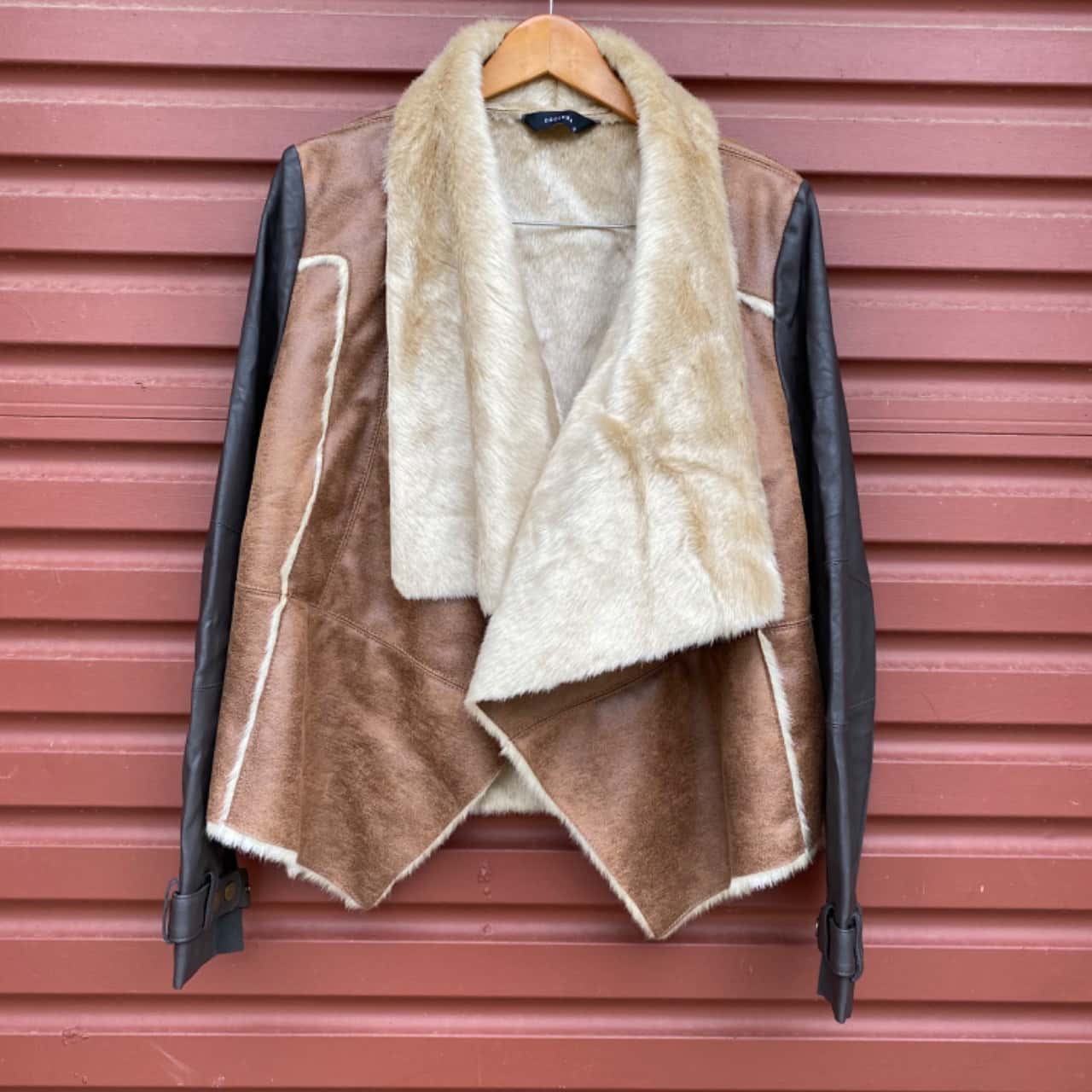 Decjuba Womens Size 12 Faux Leather Open Jacket Shades of Brown