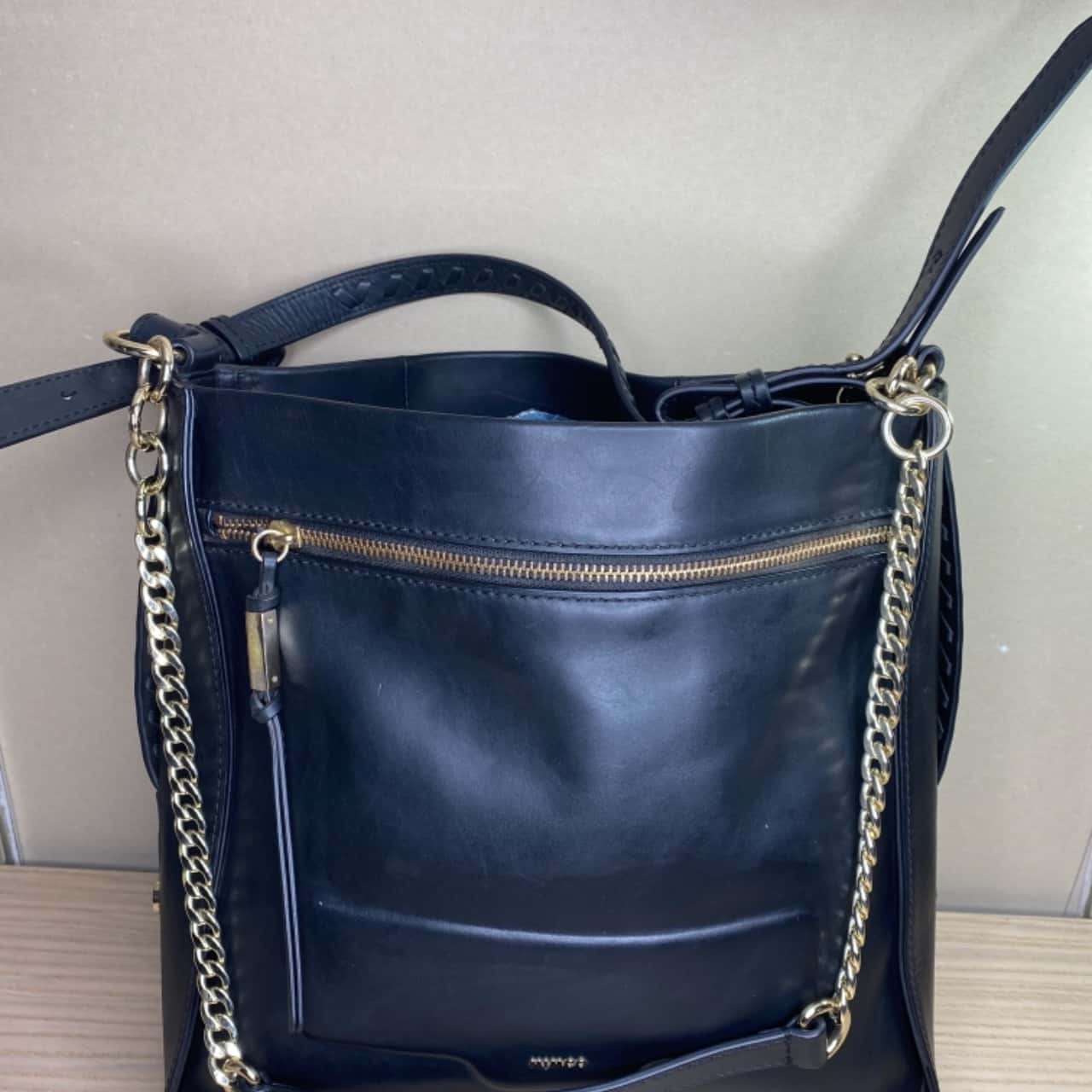 Mimco Womens Leather Black Handbag with Gold Strap