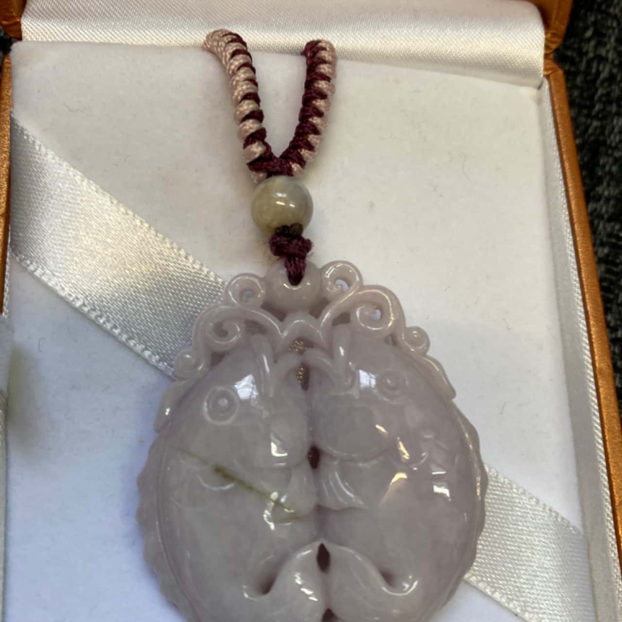 Carved Pale Mauve Jade Double Fish Pendant (s)