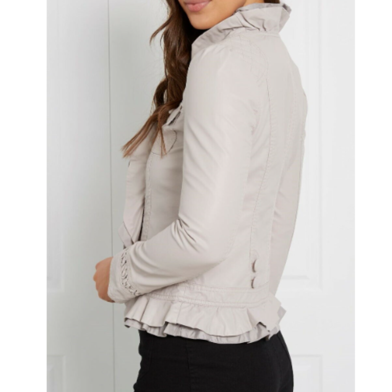 Caroline Morgan Light Neutral Front Zip Ruffle Leather Jacket Size 14 ...