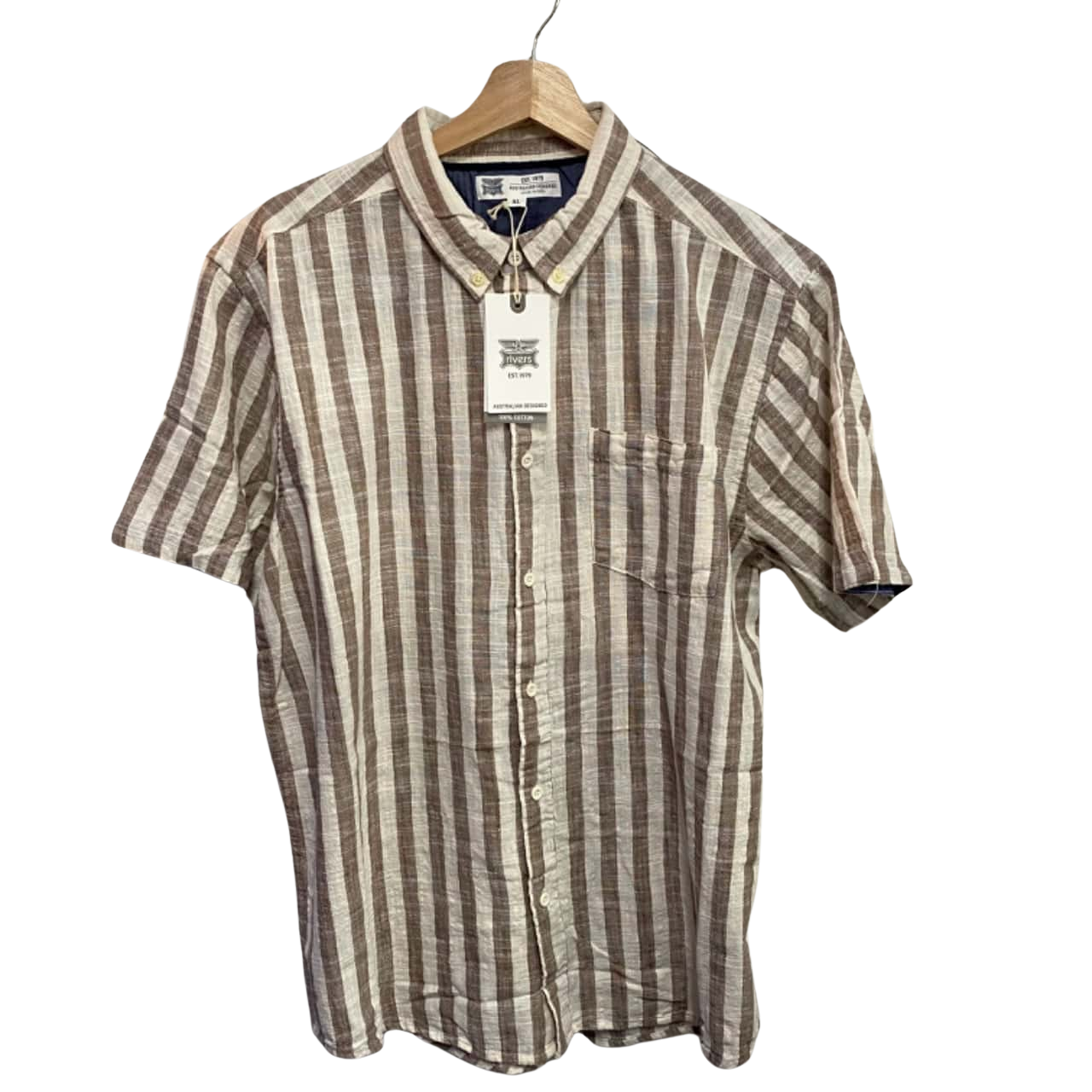 Rivers Mens Size XL Short Sleeve Shirt Beige / Striped / White (s)