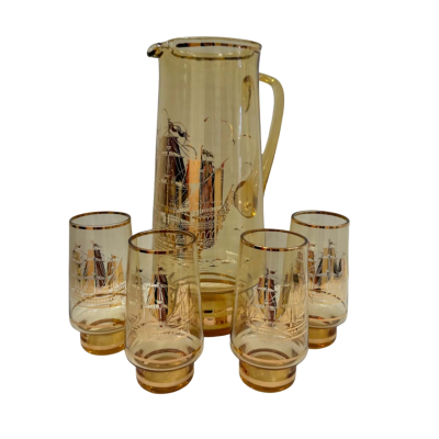 1970s Lemonade Set Yellow Glass with Gold Ship Pattern Pitcher with 4 ...