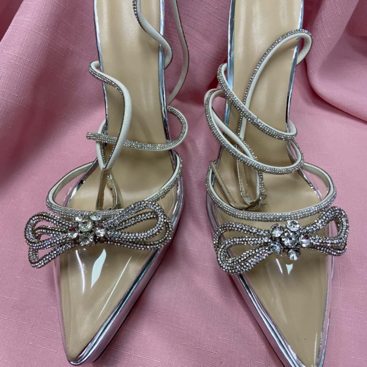 Womens Silver / White Diamanti Straps High Heel Shoes