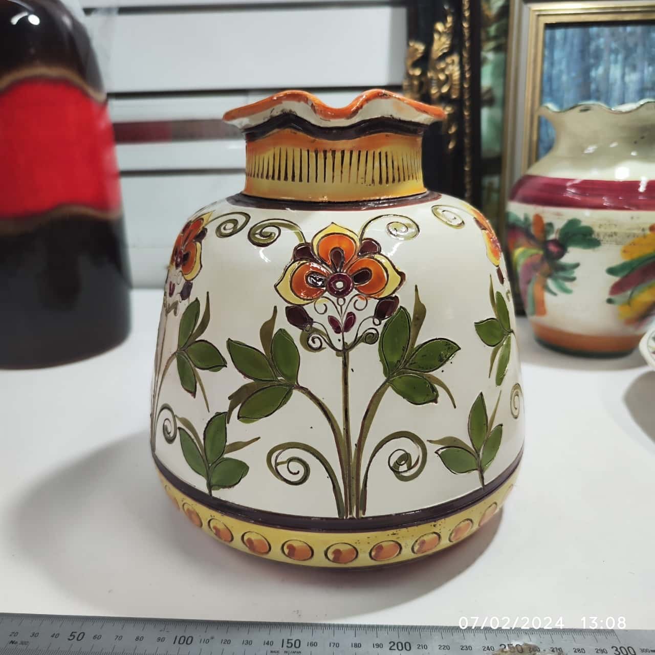 Hand Painted Vintage Hand Made XL Vase Jug Pitcher Clay Ornament (s)