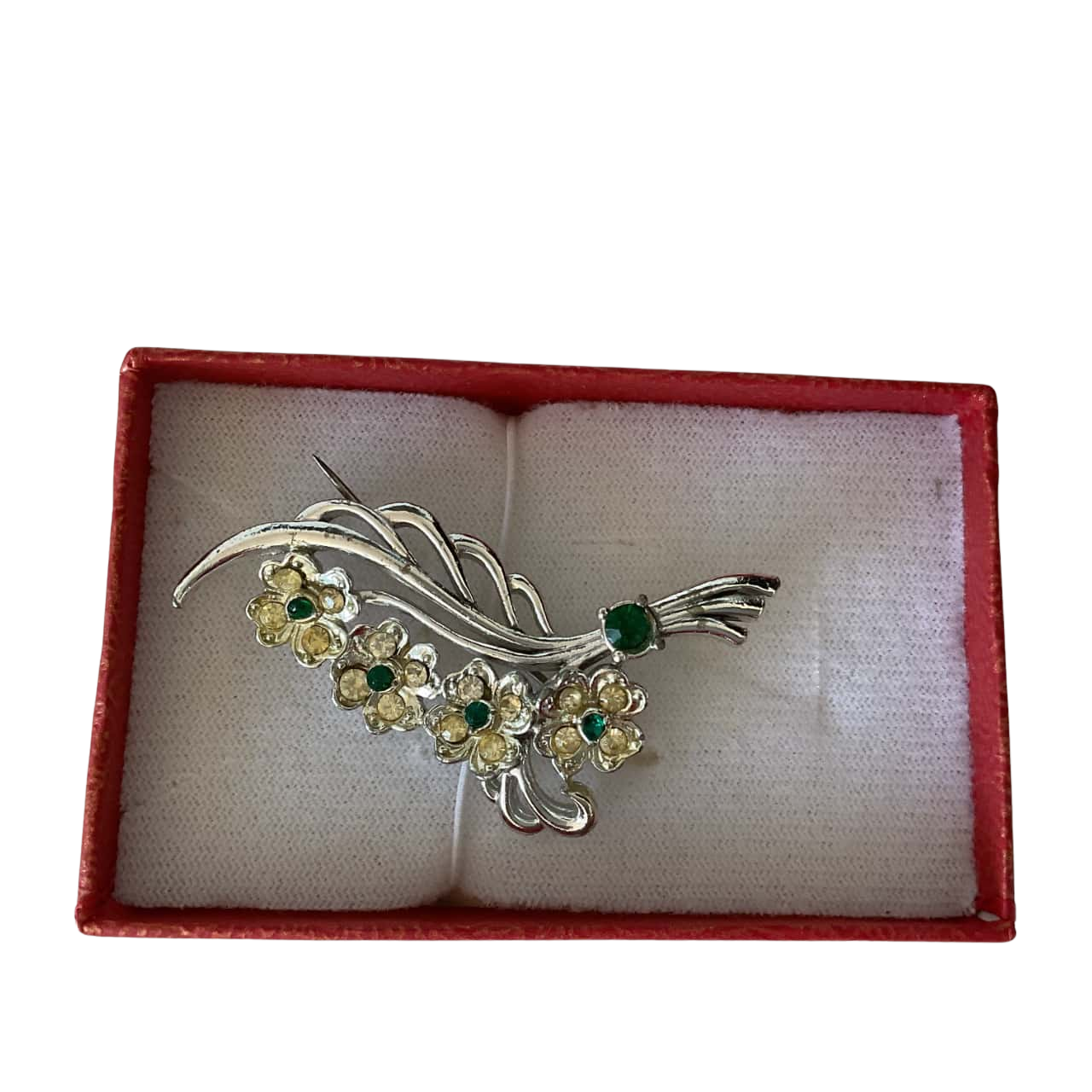 Womens Brooch -flower pattern with green stones(s)