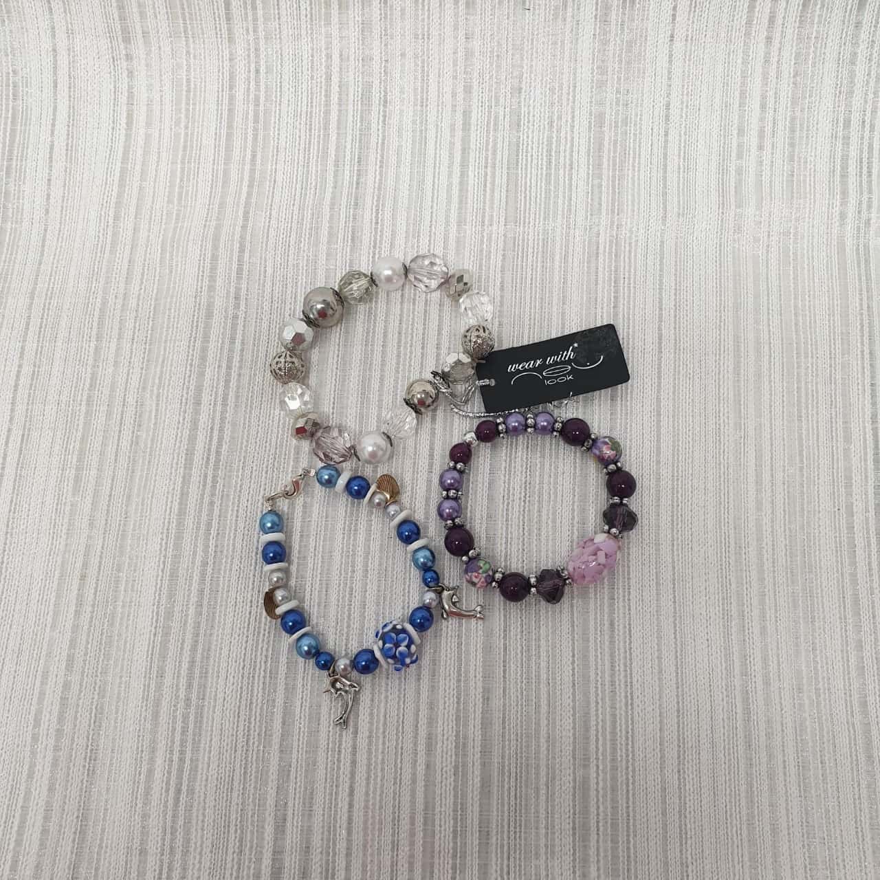 Three Super Pretty Beaded Elastic Bracelets Combo /Pink & Purple /Blue ...