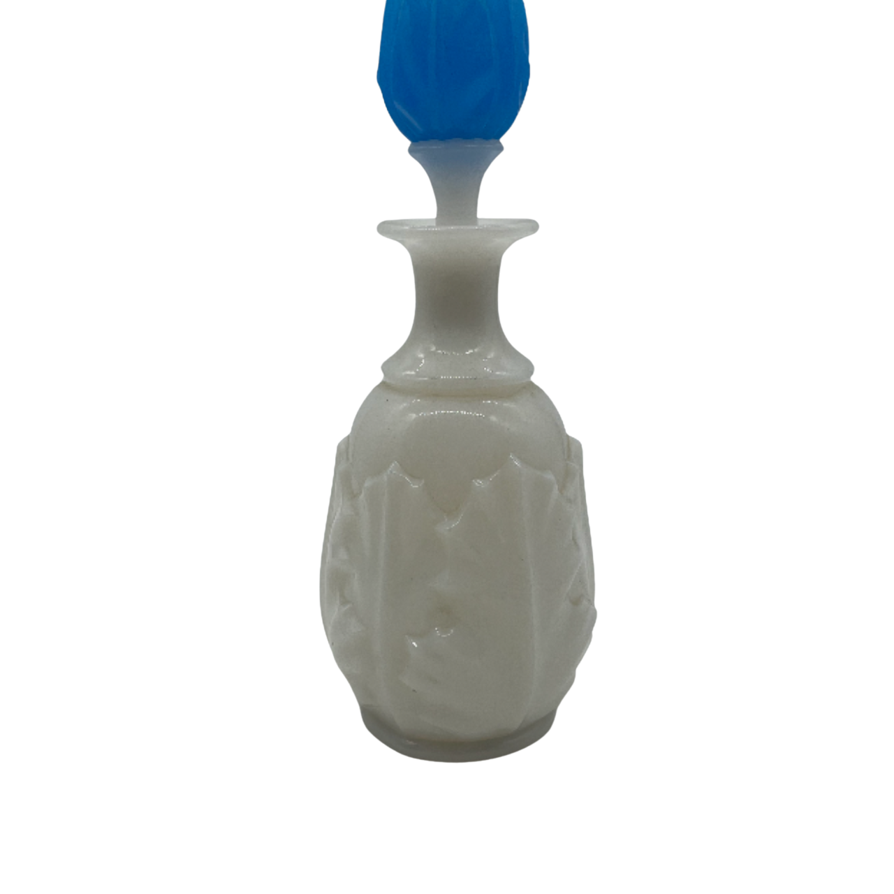 Milk Glass Decanter with Blue Flower Stopper(s)