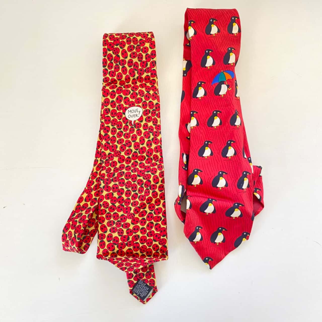 Vintage 100% Silk Ladybug And Penguin Pattern Ties