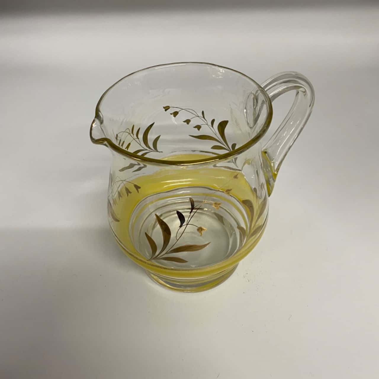 Mid Century Glass Pitcher with Gold Leaves & Trim
