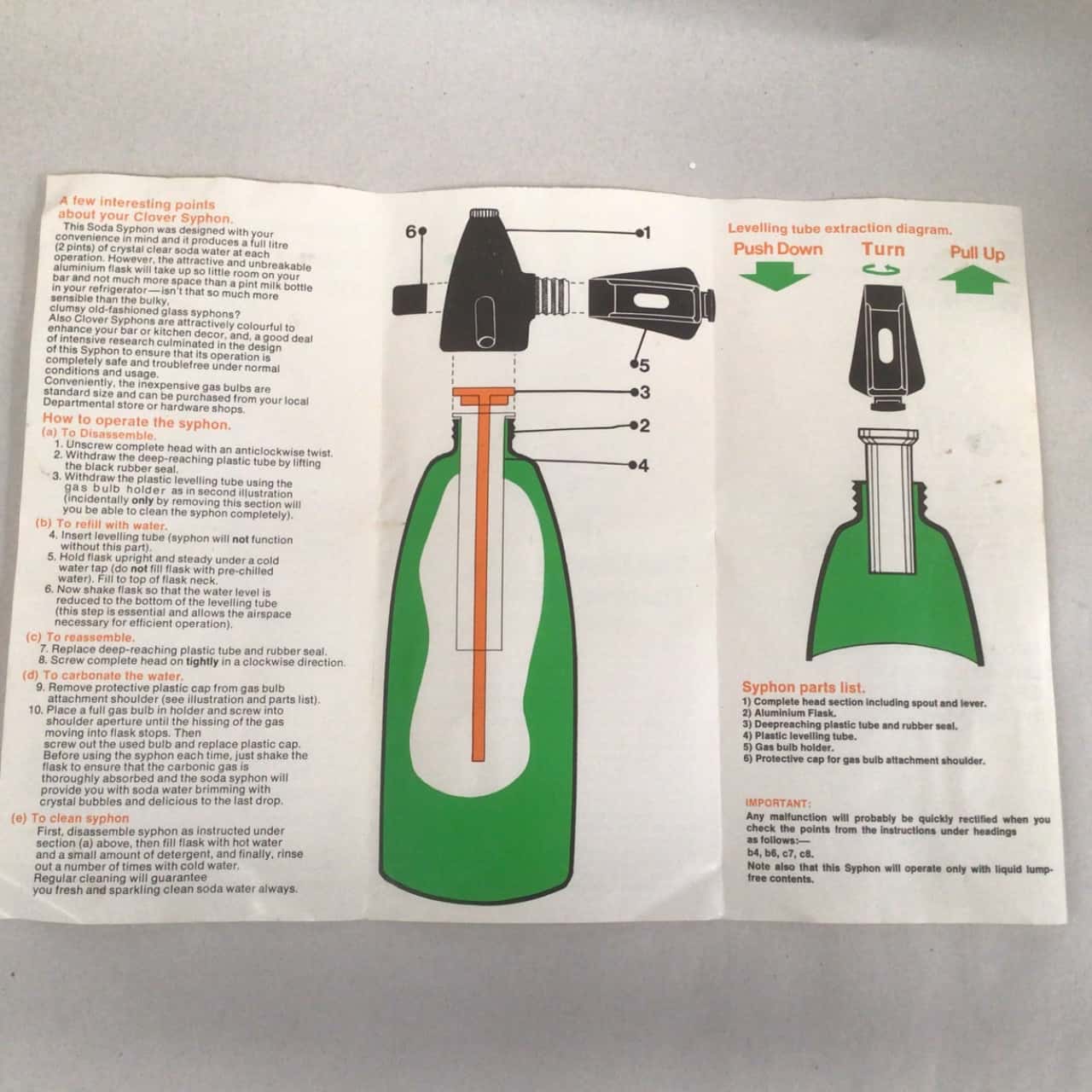 Vintage 1970s Clover Soda Water Syphon with Instructions