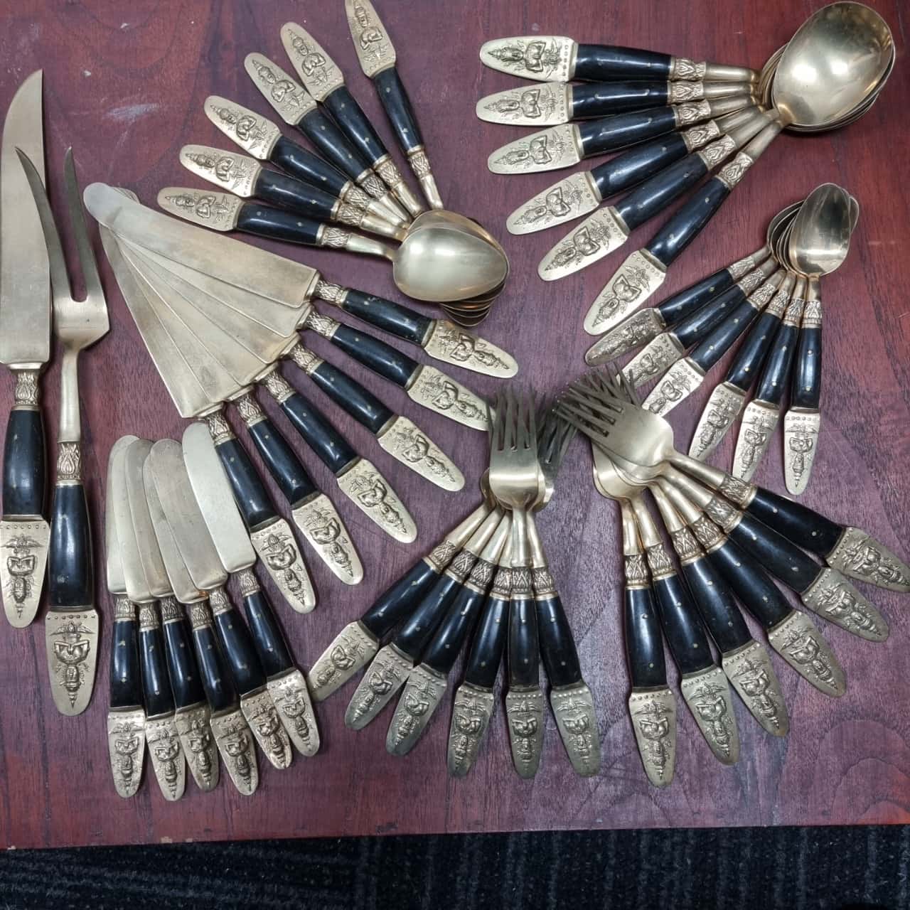 Vintage 6 Star Of Siam Thailand 44 Peice Buddha Bronze Dinnerware Set ...