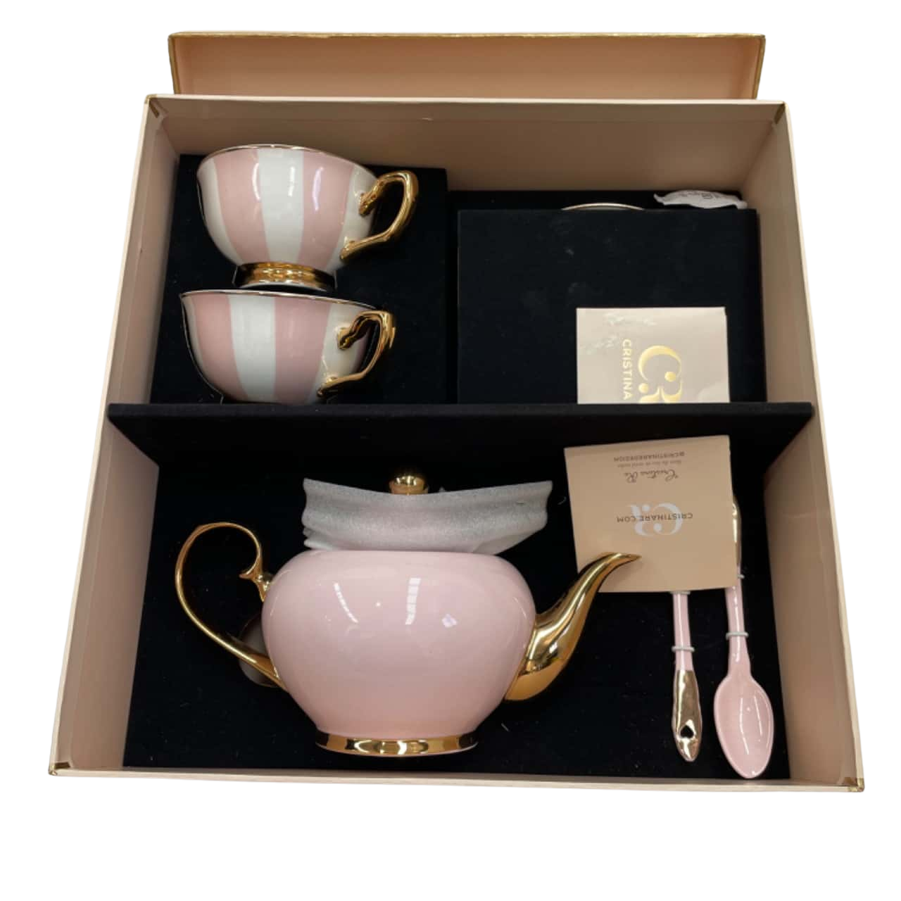 Christina Re 2 cup Blush Stripe Tea Set. Embellished with 24ct gold (s ...