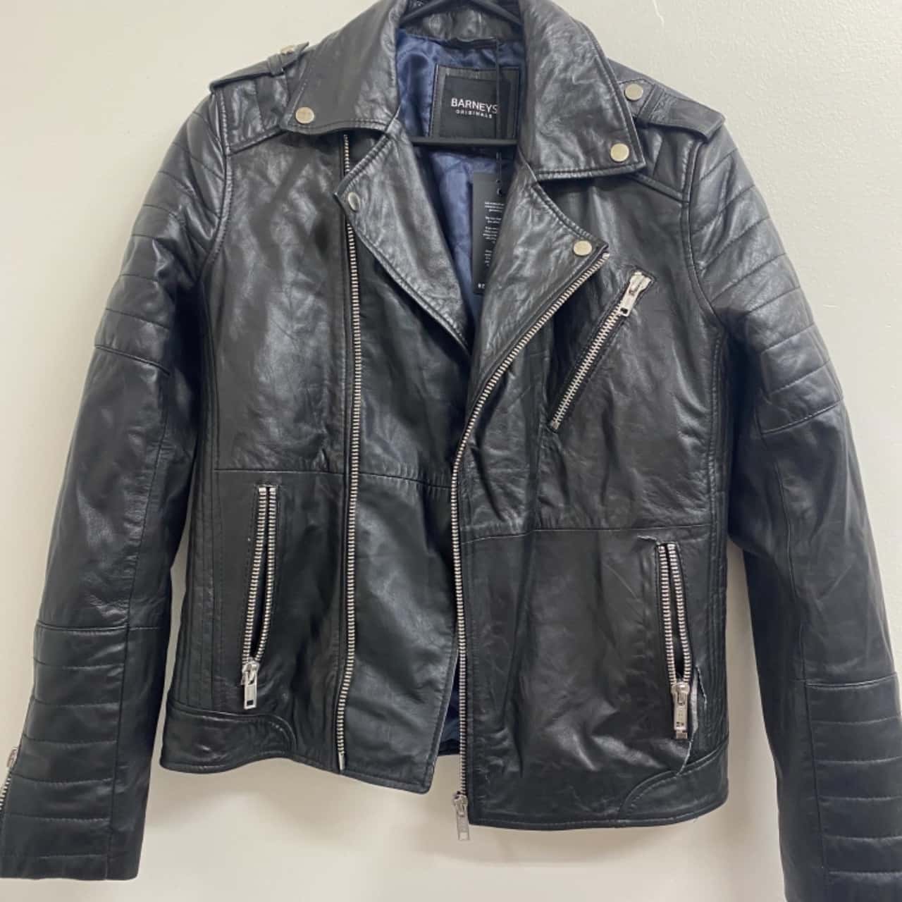 Mens Barney’s original Size S Leather Jacket Black / Blue (s)