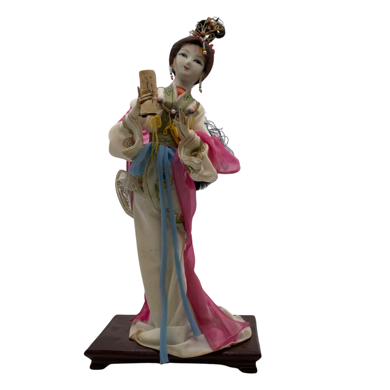 Vintage Japanese Geisha Flocked Skin on Wooden Stand 37cm (s)