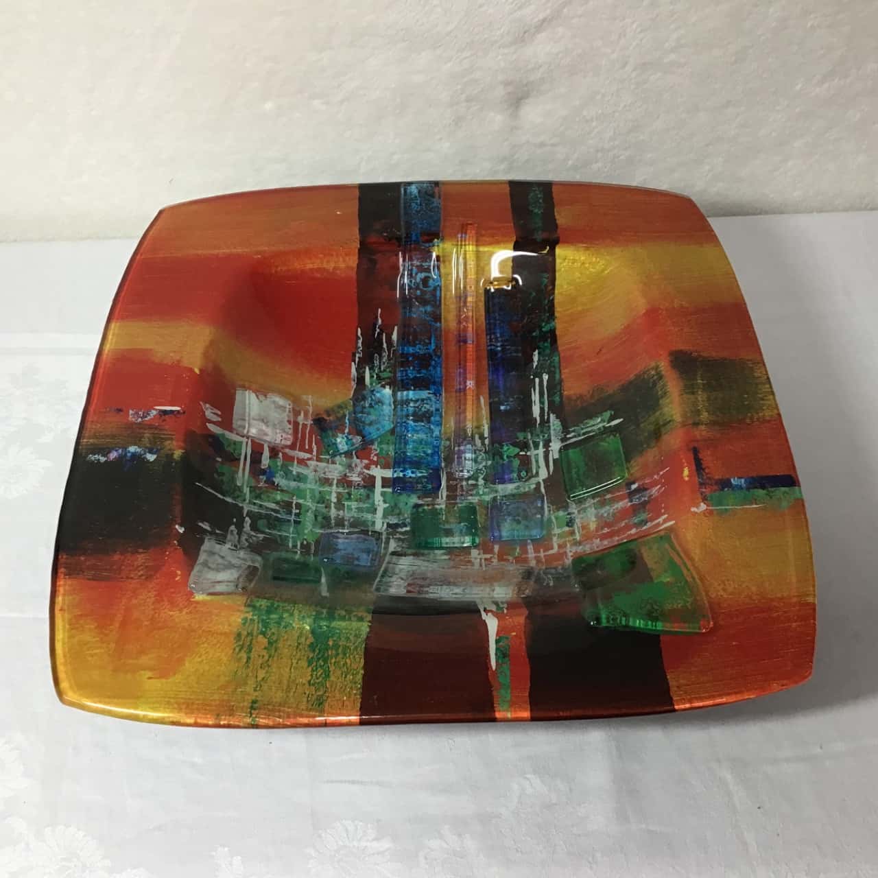 Large Multicoloured Pattern Square Glass Display Dish
