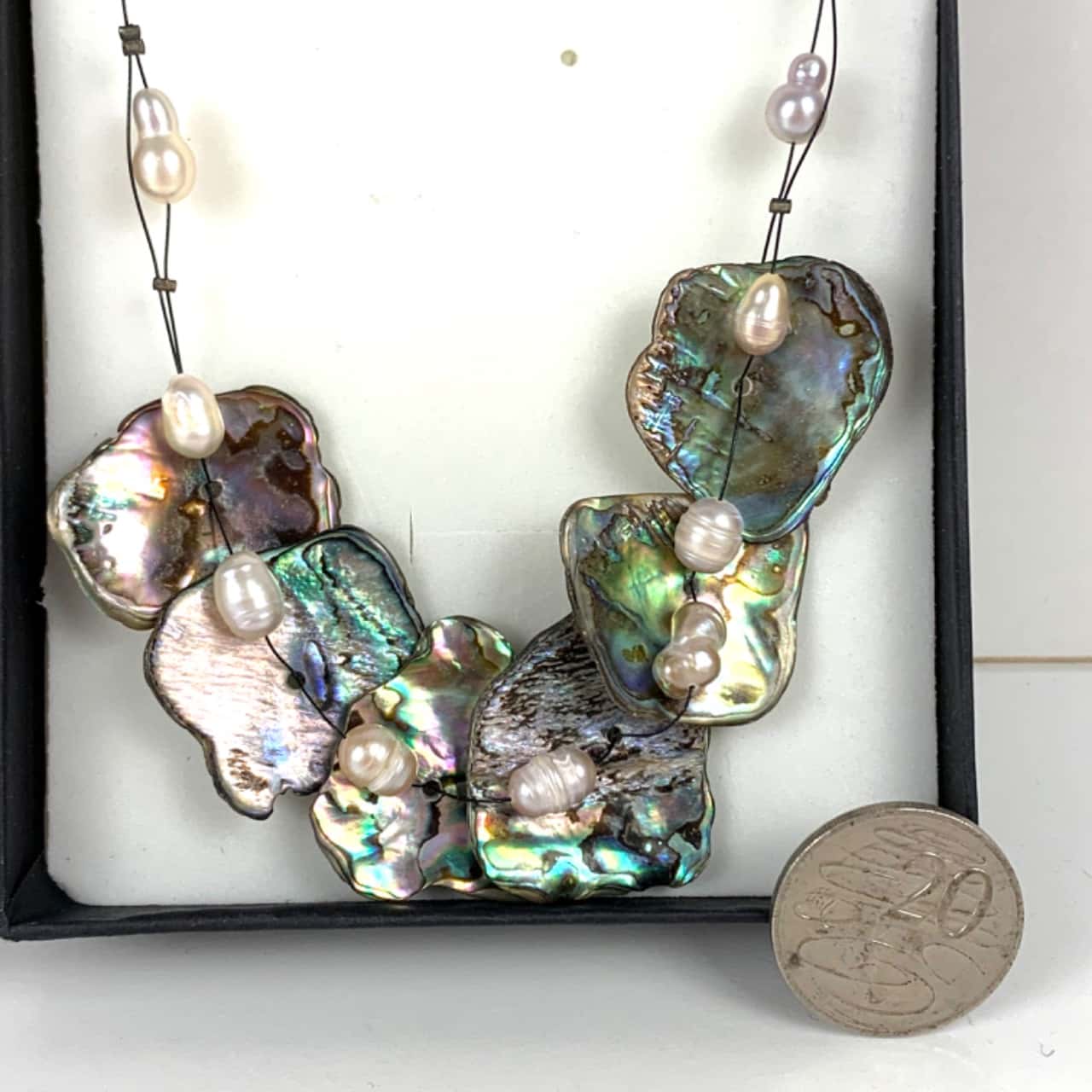 Womens 40cm Real Pearl & Paua Shell Handmade Necklace in Box-1636353(s)