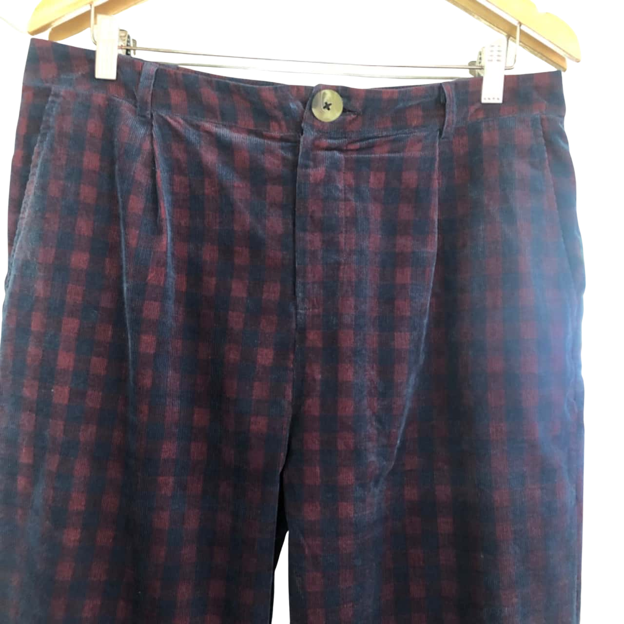 Nancy Bird. Blue and Red Check Fine Cord Pant Size XL