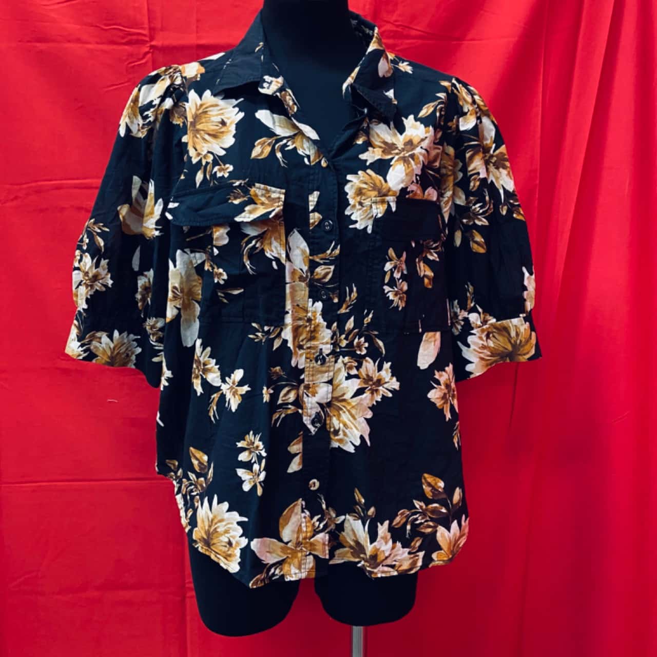 Witchery Womens Size 16 Brown / Floral / Navy Blue Shirt