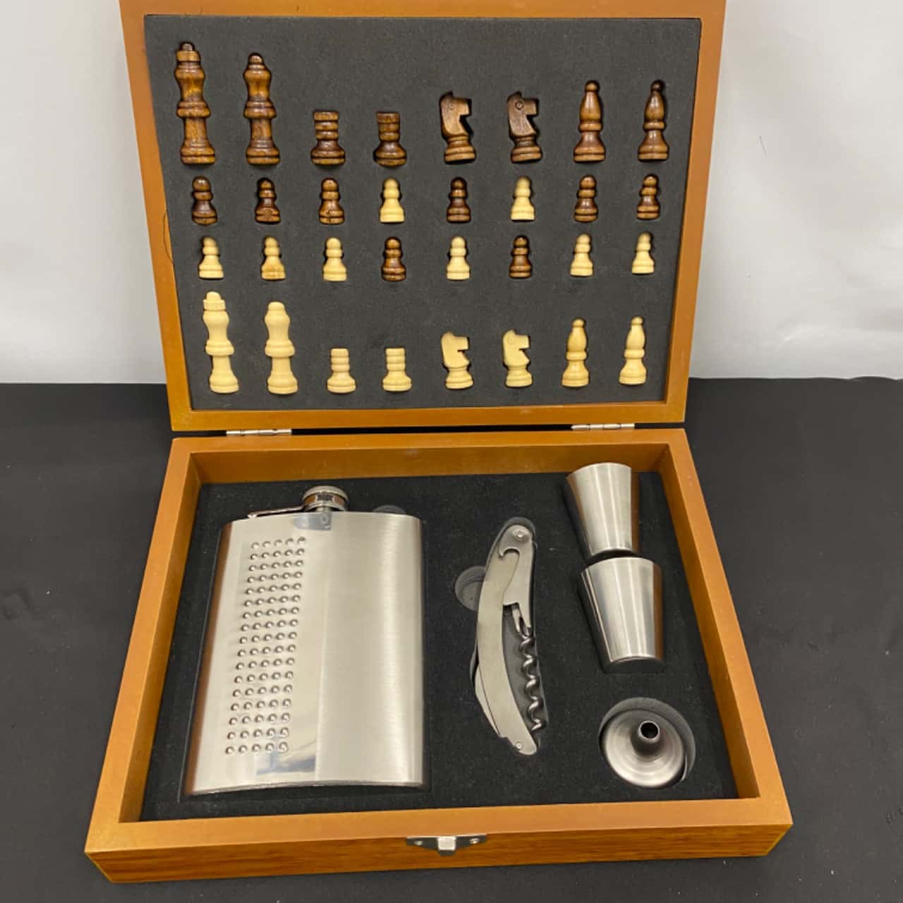 Wood Chess Game Gift Set With 8 oz. Stainless Steel Flask 2 Shot & Wine ...