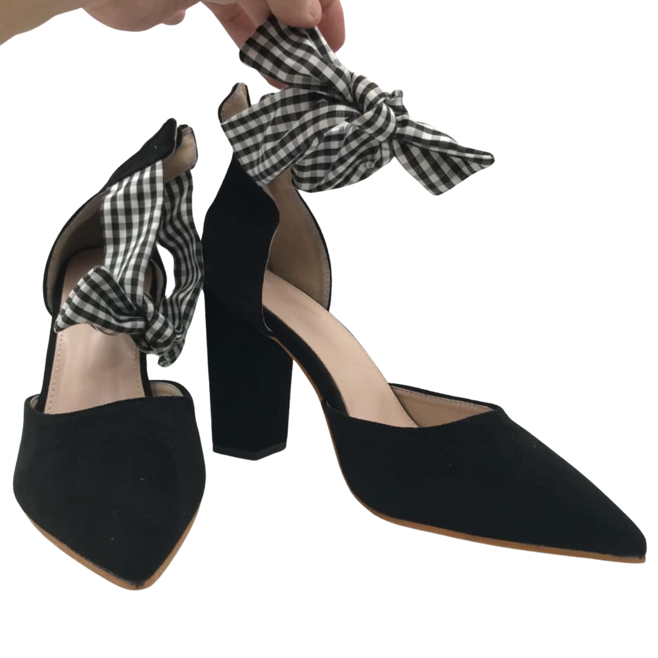 BNIB Unbranded Womens Size 41 Black Suede Look Block Heels with Gingham ...