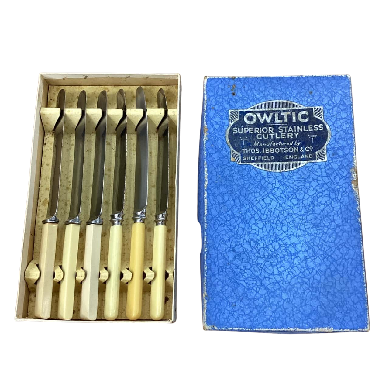 Vintage Owltic England Set of 6 Faux Bone Knives with Box(s)