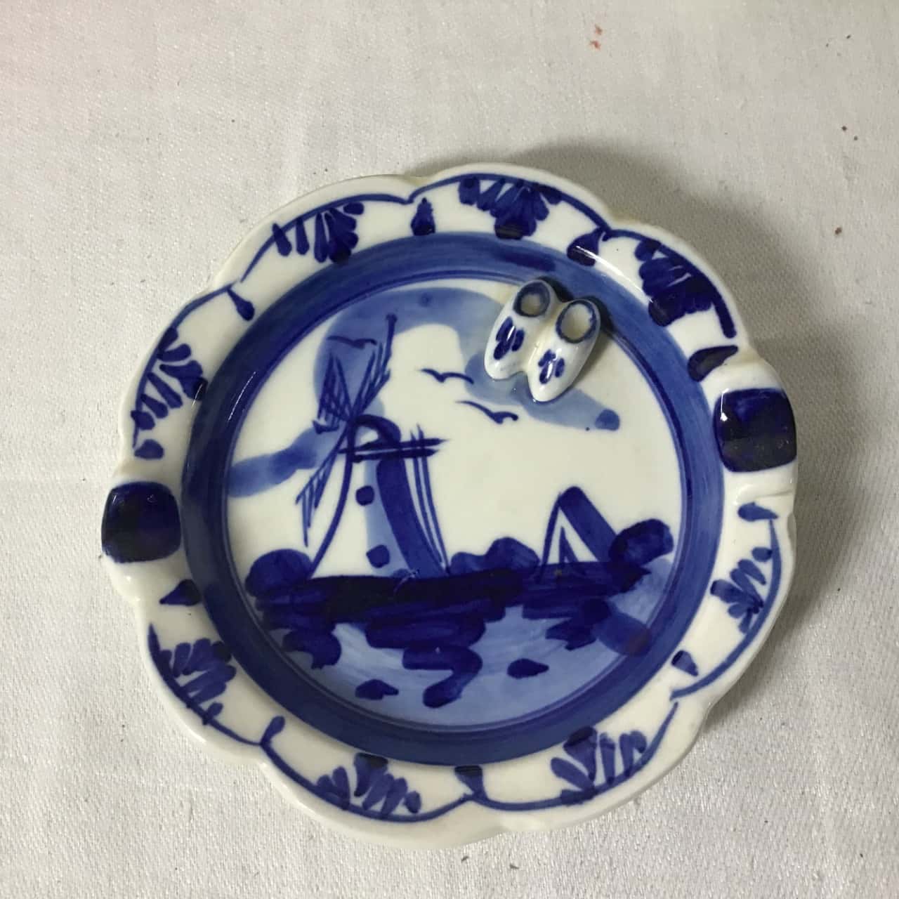 Hand Painted Delft Blue Windmill Pattern Ceramic Clogs and Small Ashtray