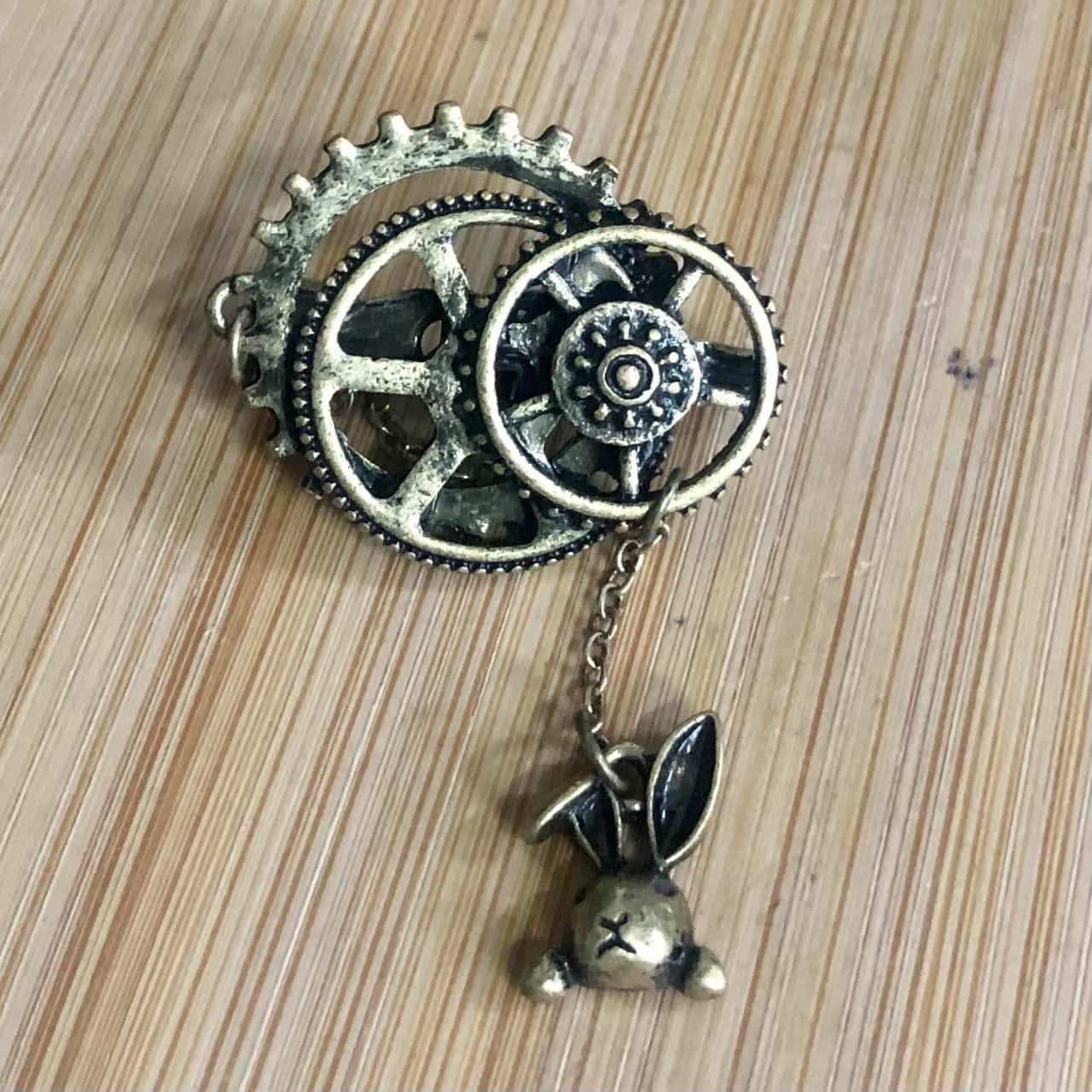 Steampunk Style Brooch With Cogs & Bunny (s)