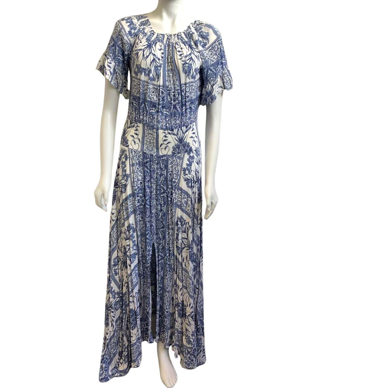 Jaase Womens Size XS Leaf Pattern Maxi Dress Blue / White