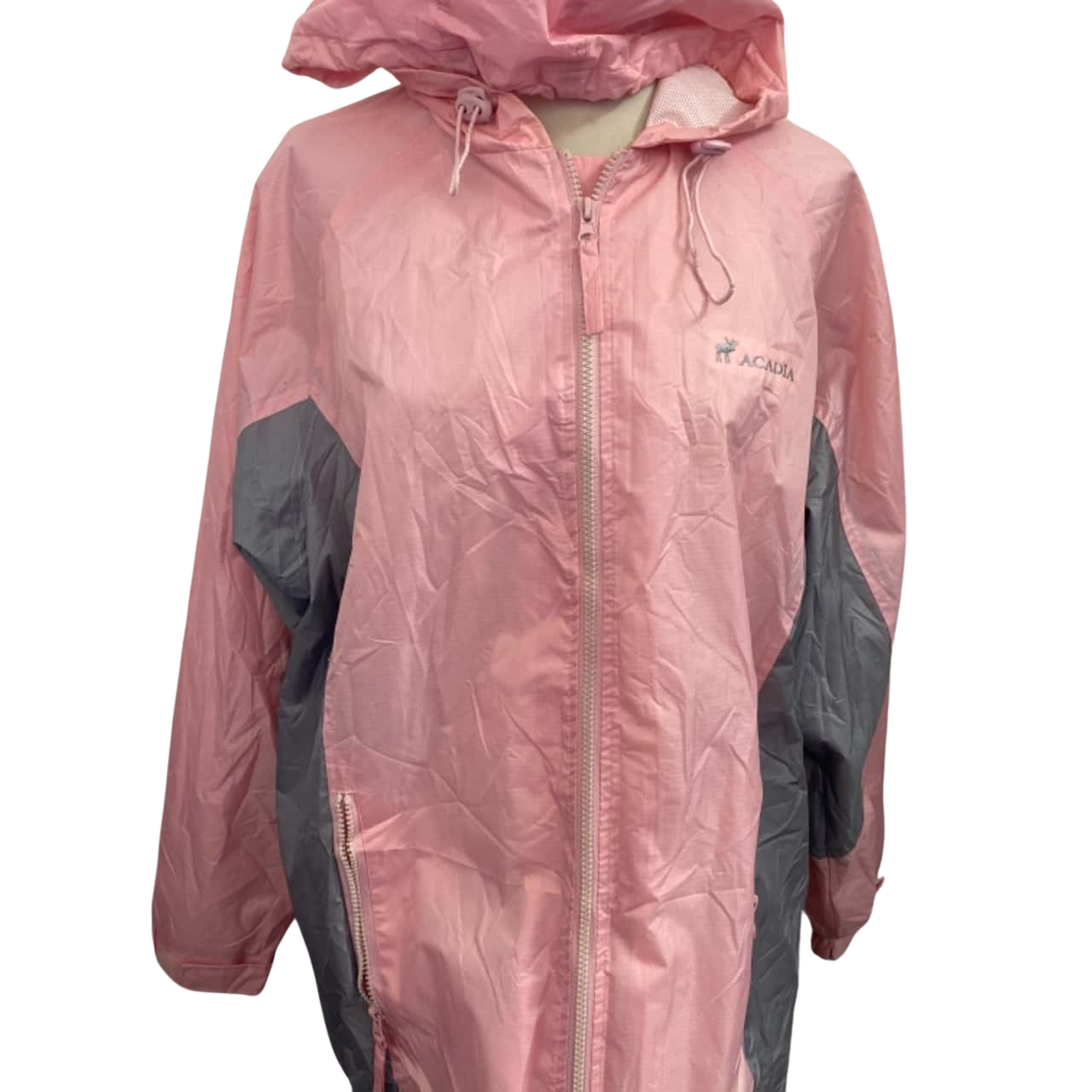 Womens Rain and wind jacket with hood Size L Front Zipper Grey / Pink (s)