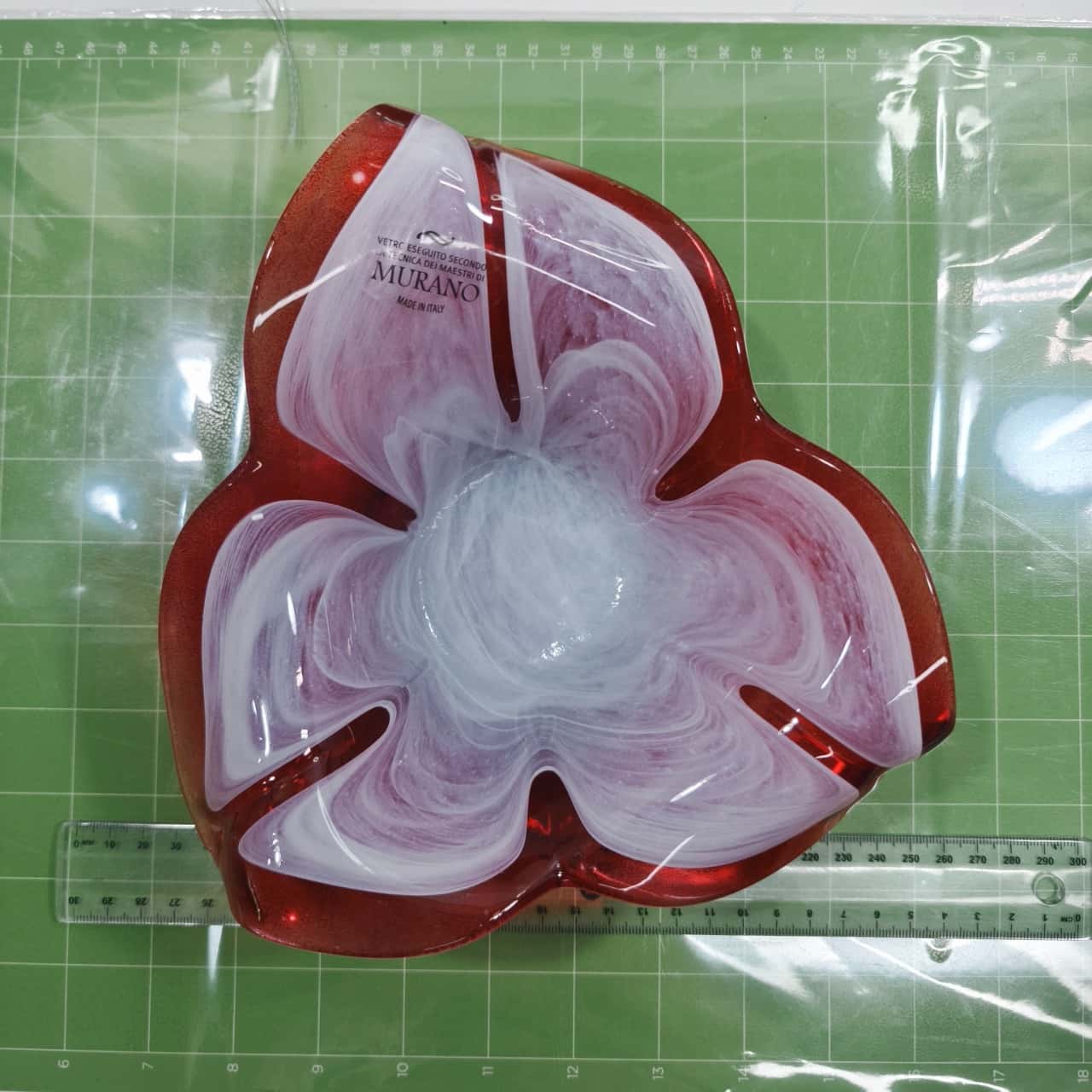 Large Murano Red White Bowl Italy Hand Made Glass Blown Art