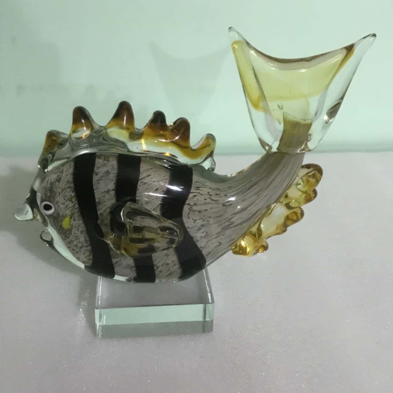 Decorative Glass Blown Fish on Glass Square Stand Murano Style Approx ...