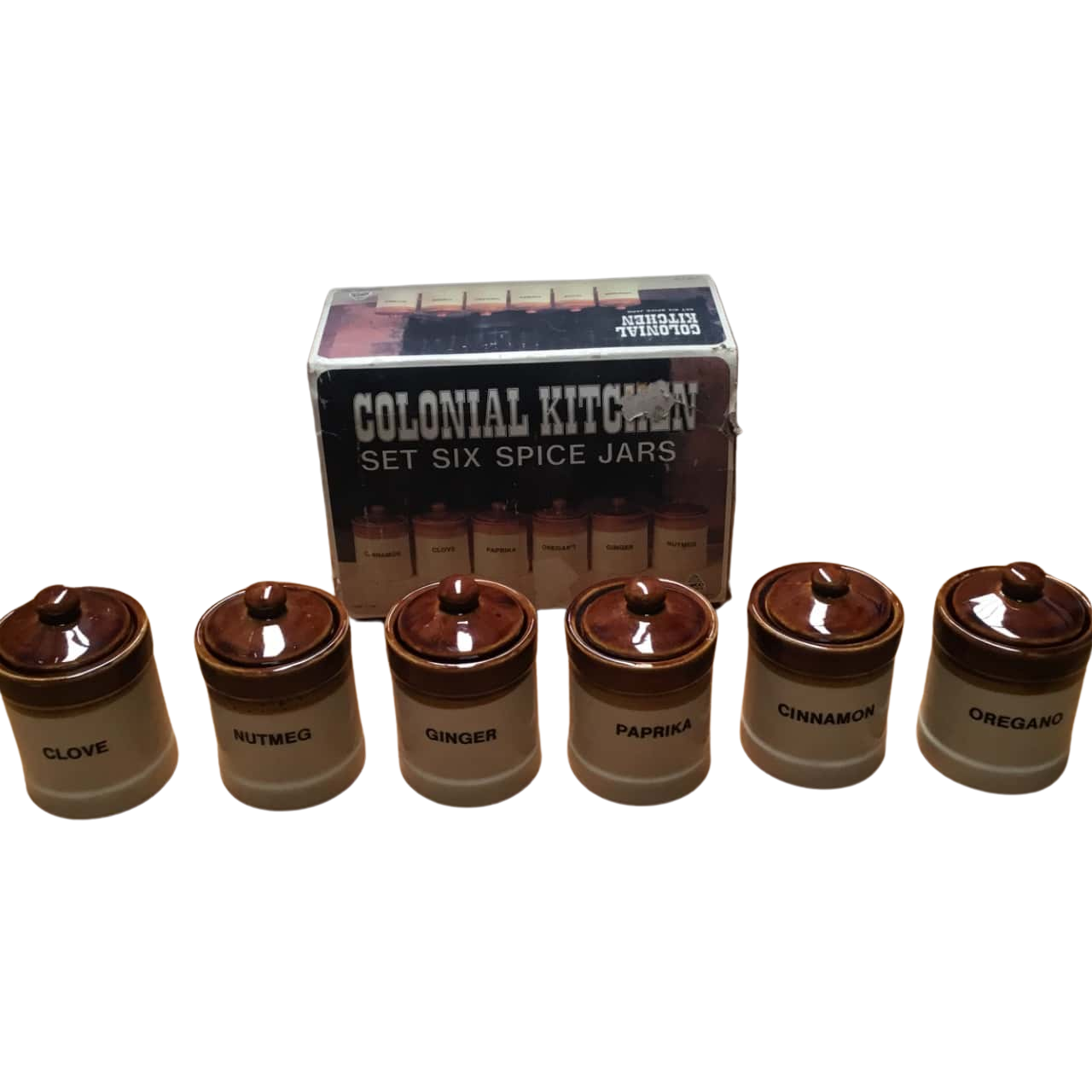 Colonial Kitchen Set Of Six Spice Jars - Brand New In Box Circa 1970s(s)