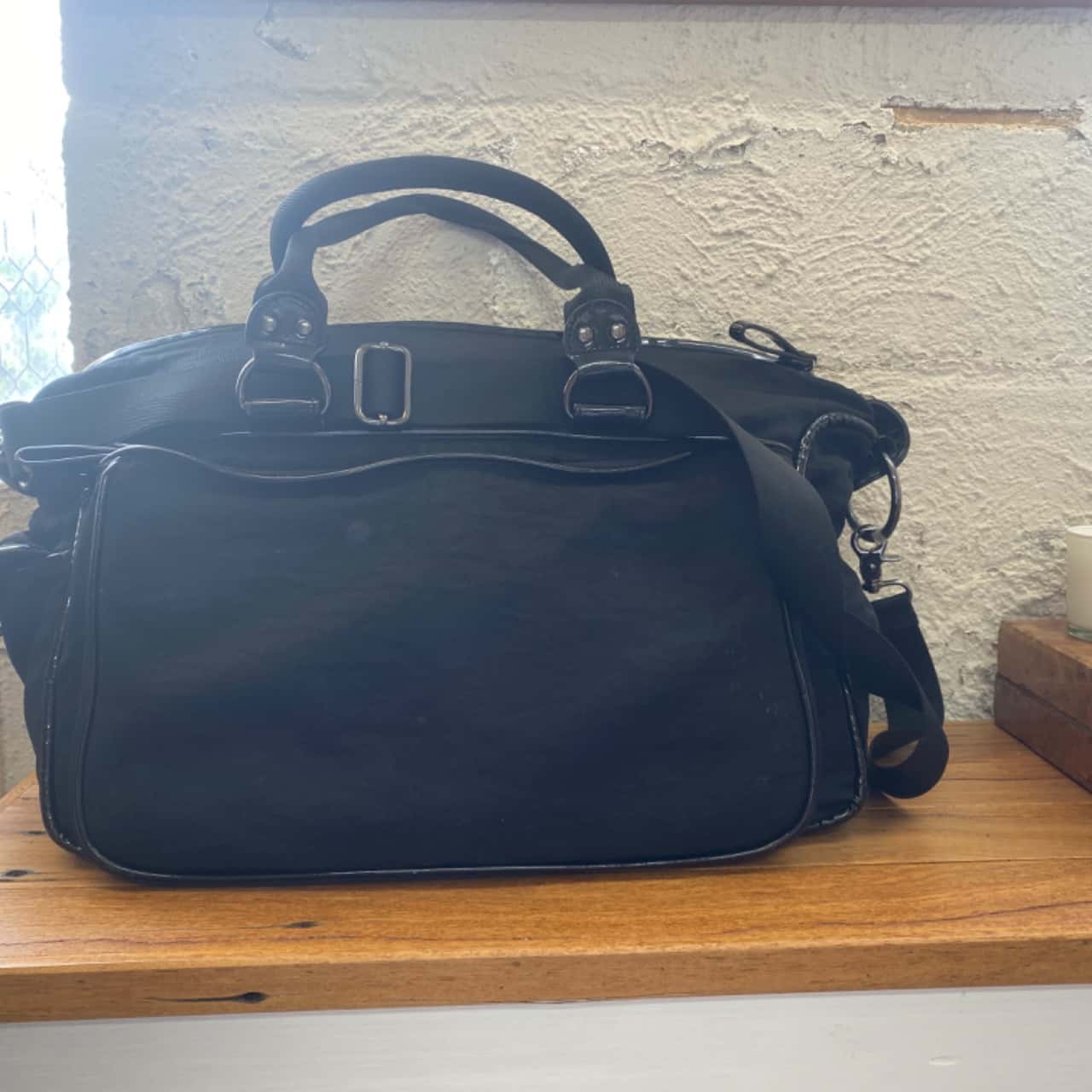 Mimco Womens Large Black Nylon Overnight bag With Patent Leather Trim(s)