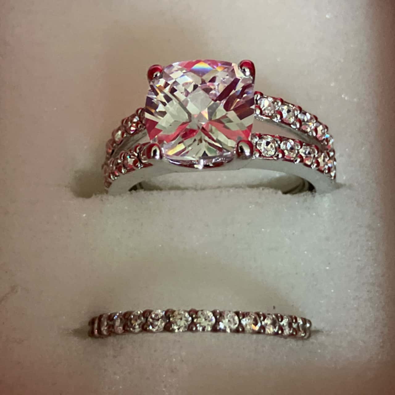 Women's Dress Rings Princess Cut Matching Band Silver Tone