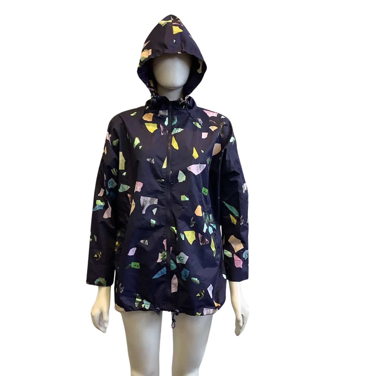 Gorman Women's Size 6 Hooded Raincoat Navy Blue Stone Print (s)