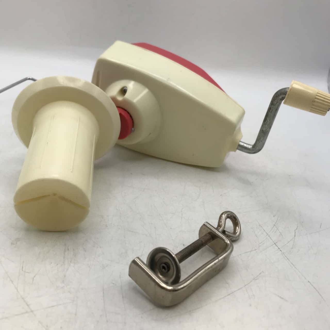 Vintage. Empisal Knitmaster Wool Ball Winder. Coral and cream. Rare find.