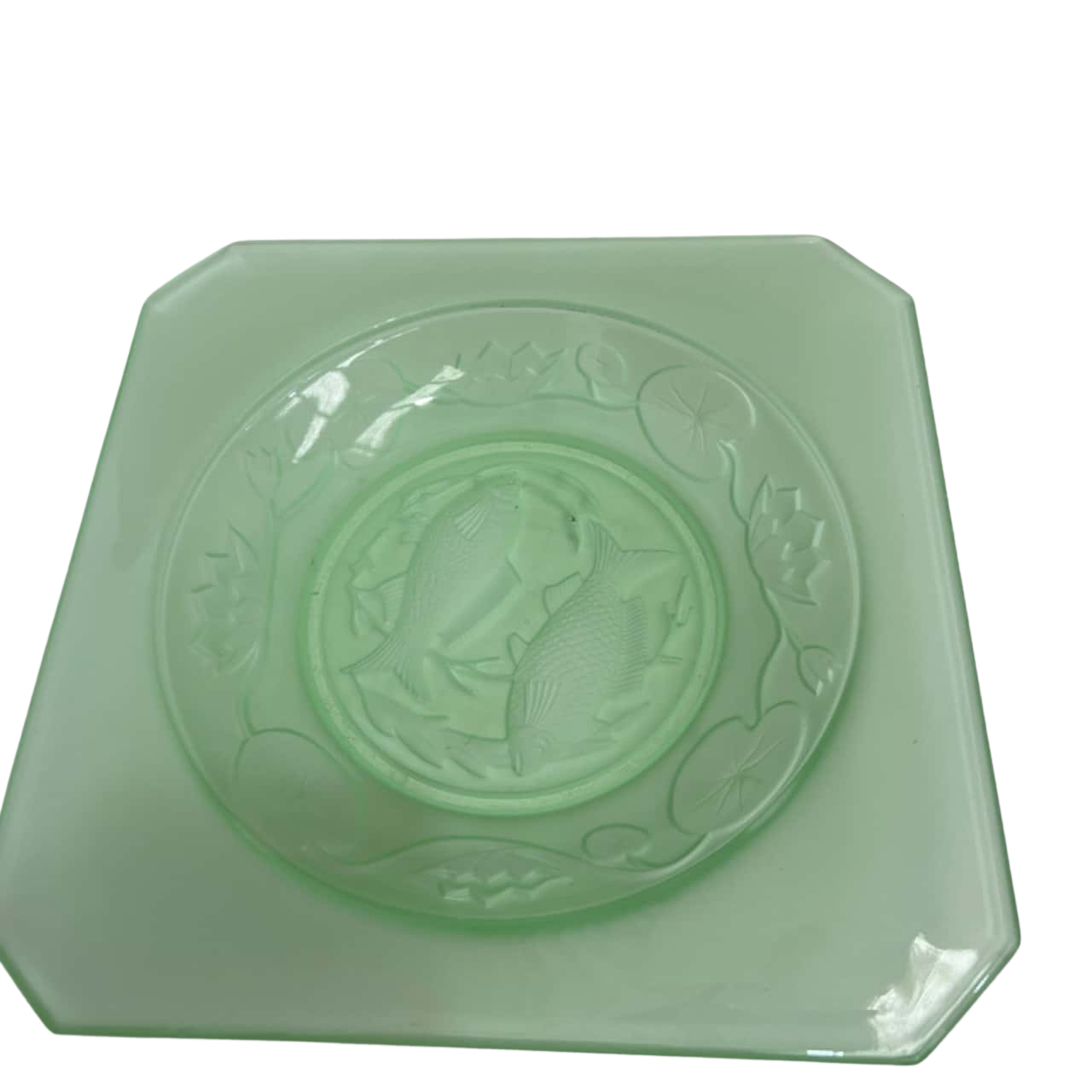 Art Deco Bagley Green Glass Fish plate, Vintage Green Serving Dish,
