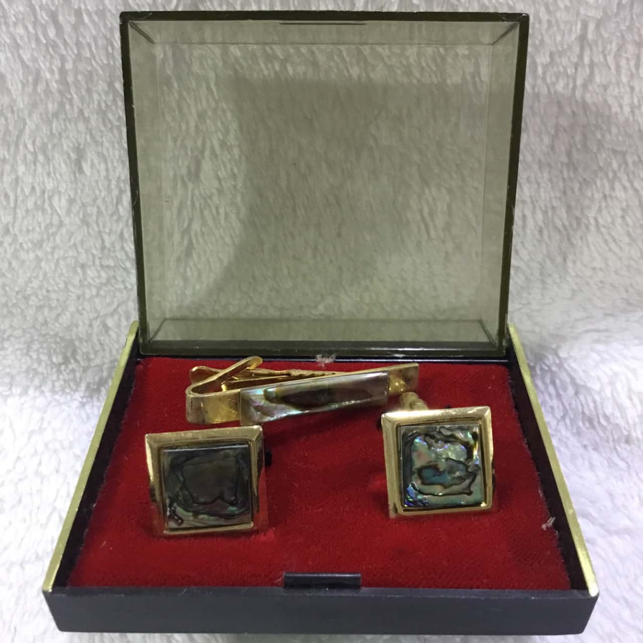 Genuine Abalone Paua Shell Gold Tone Cufflinks and Tie Clip in box(s)
