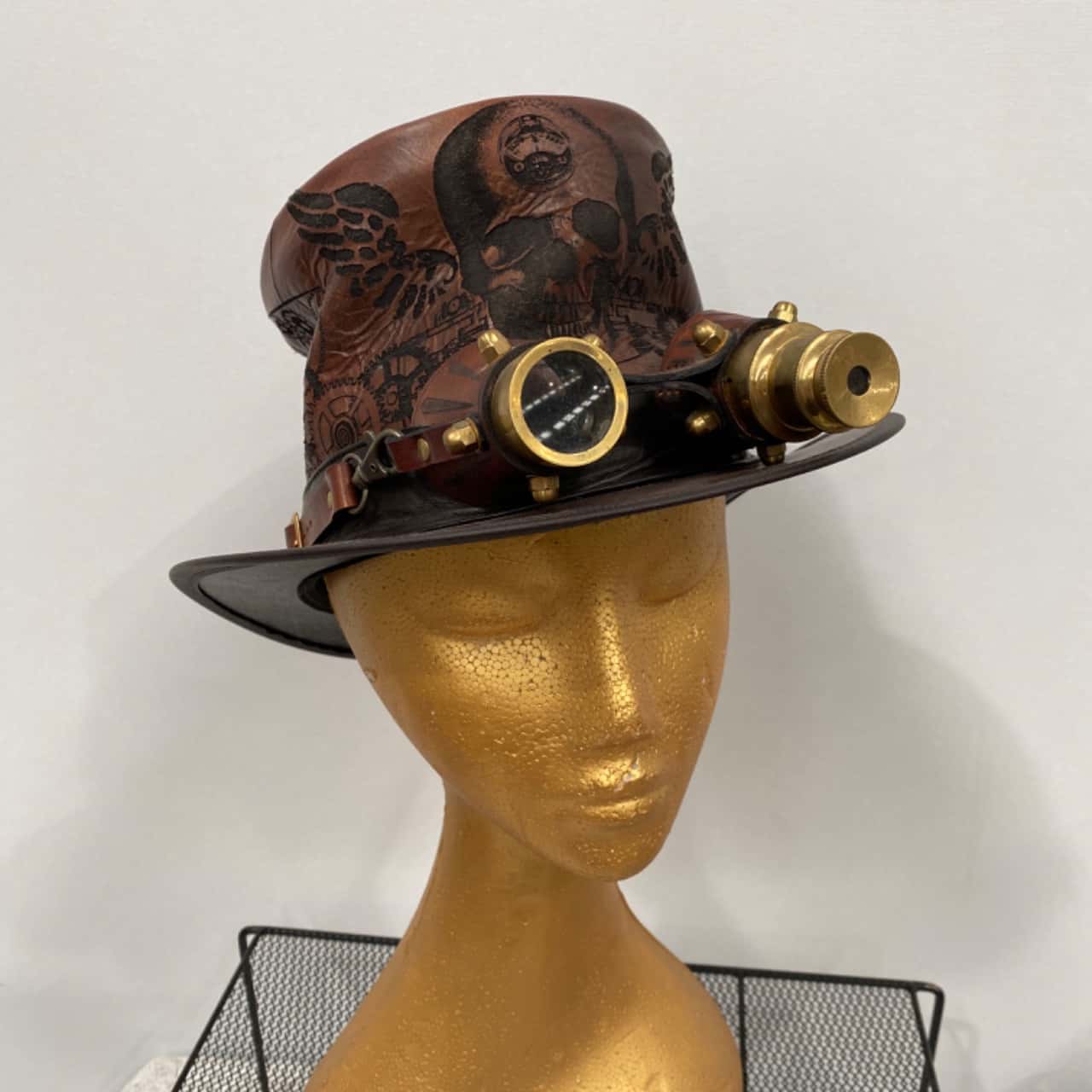Brown Leather Custom Hand-etched Steampunk Top Hat with Golden Aviator ...