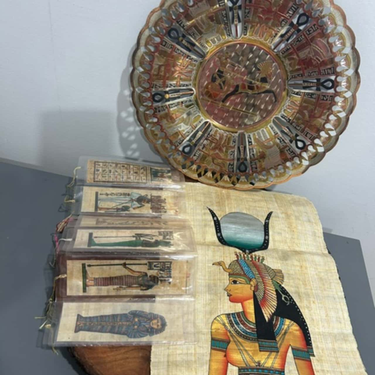 Egyptian Plate, Papyrus painting and Set of papyrus bookmarks(s)