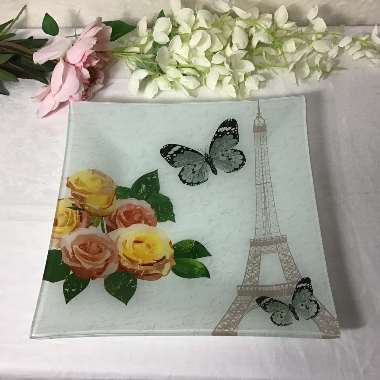 Frosted Glass Flowers / Eiffel Tower Pattern Square Plate